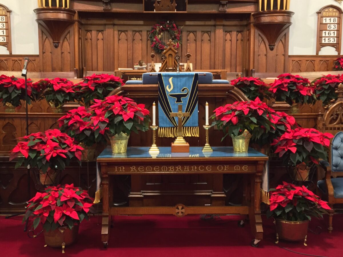 Altar with pointettias – St. Andrew’s Presbyterian Church